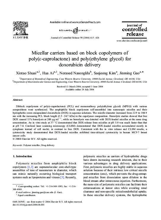 (PDF) Micellar carriers based on block copolymers of poly(ε-caprolactone) and poly(ethylene ...