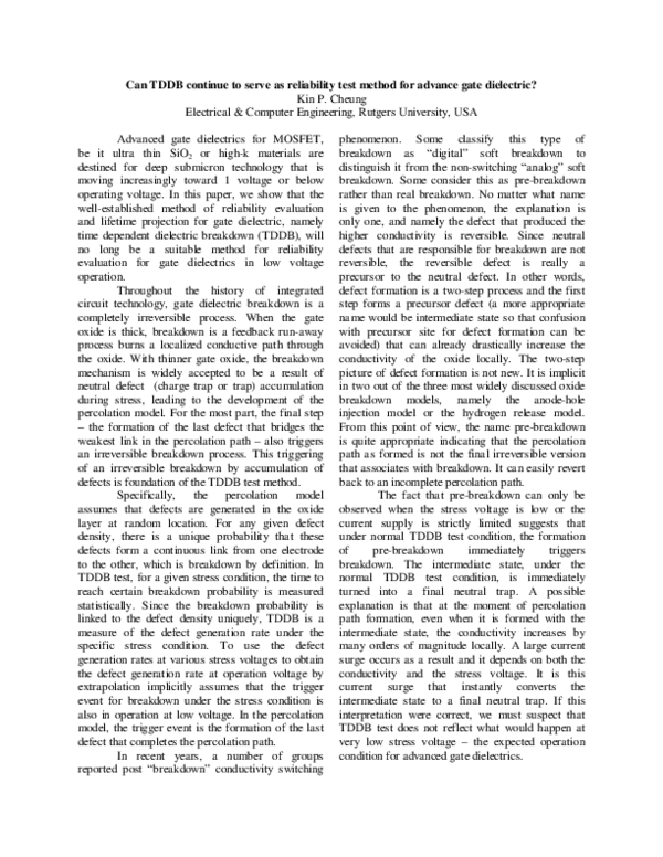 (PDF) Can TDDB continue to serve as reliability test method for advance ...