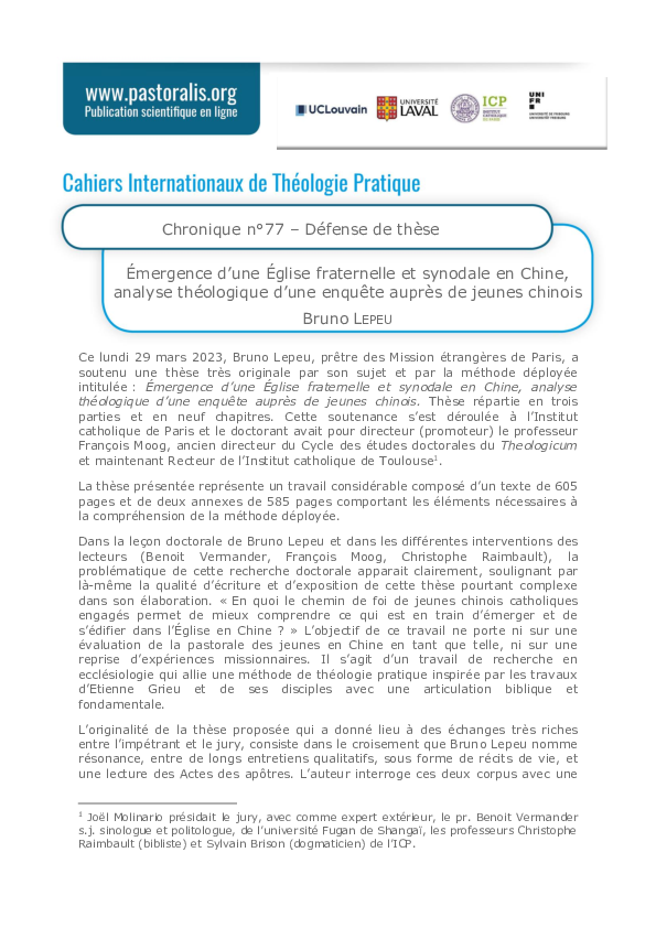 (PDF) Bruno Lepeu, Émergence d’une Église fraternelle et synodale en ...