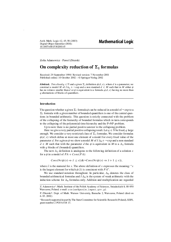 (PDF) On complexity reduction of Σ 1 formulas