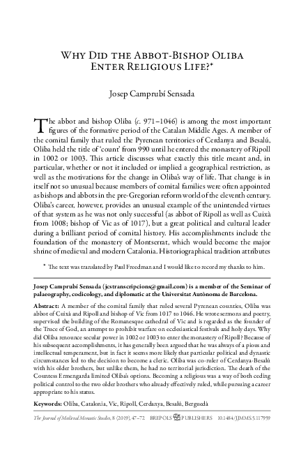 (PDF) Why Did the Abbot-Bishop Oliba Enter Religious Life?