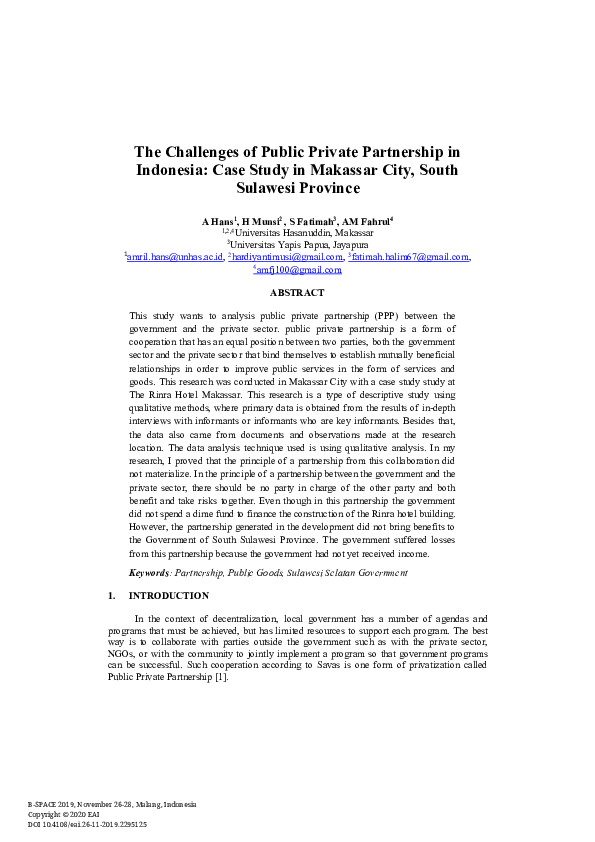 (PDF) The Challenges of Public Private Partnership in Indonesia: Case Study in Makassar City ...