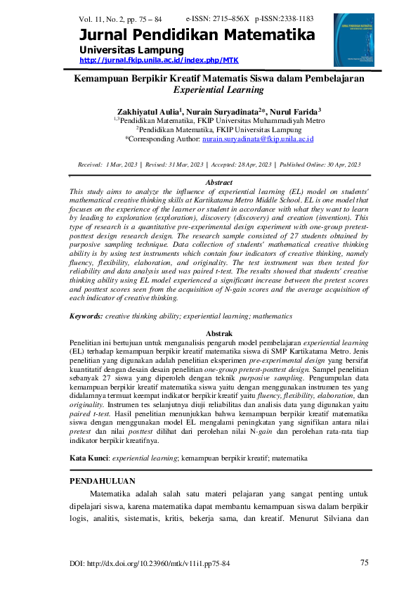 (PDF) Kemampuan Berpikir Kreatif Matematis Siswa Dalam Pembelajaran Experiential Learning