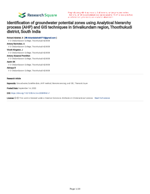 (PDF) Identification of groundwater potential zones using Analytical hierarchy process (AHP) and ...