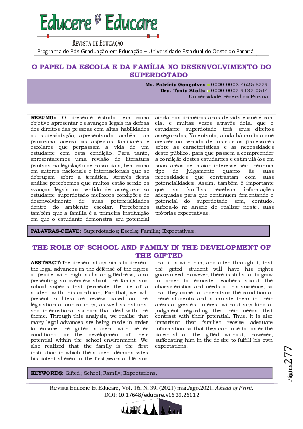 (PDF) O Papel Da Escola e Da Família No Desenvolvimento Do Superdotado