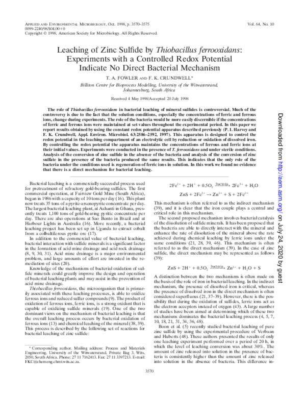 (PDF) Leaching of Zinc Sulfide by Thiobacillus ferrooxidans ...