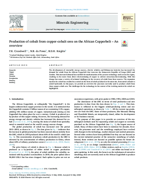 (PDF) Production of cobalt from copper-cobalt ores on the African ...