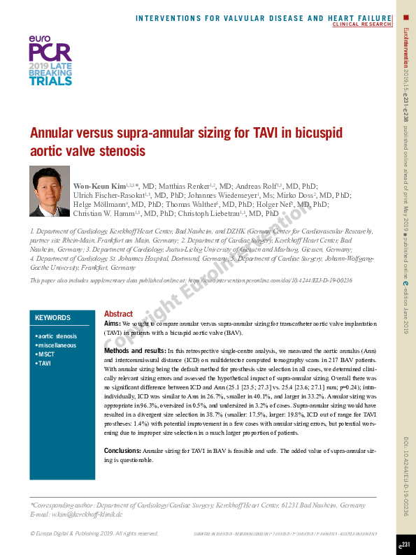 (PDF) Annular versus supra-annular sizing for TAVI in bicuspid aortic valve stenosis | Mirko ...