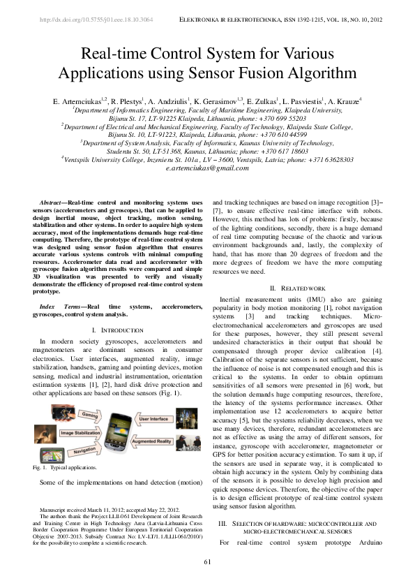Pdf Real Time Control System For Various Applications Using Sensor Fusion Algorithm