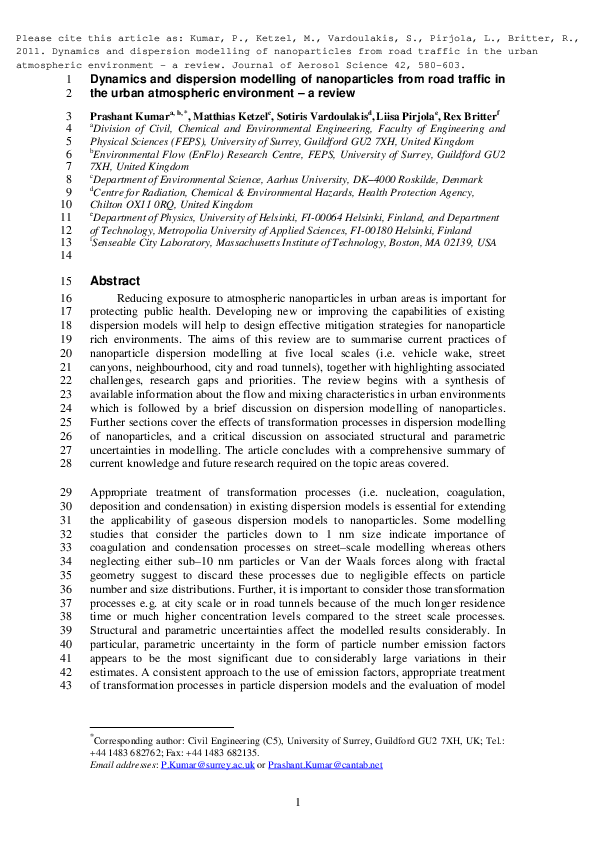 (PDF) Dynamics and dispersion modelling of nanoparticles from road traffic in the urban ...