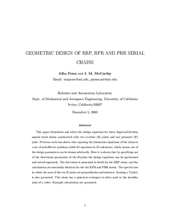 (PDF) Geometric design of RRP, RPR and PRR serial chains | Alba Perez ...