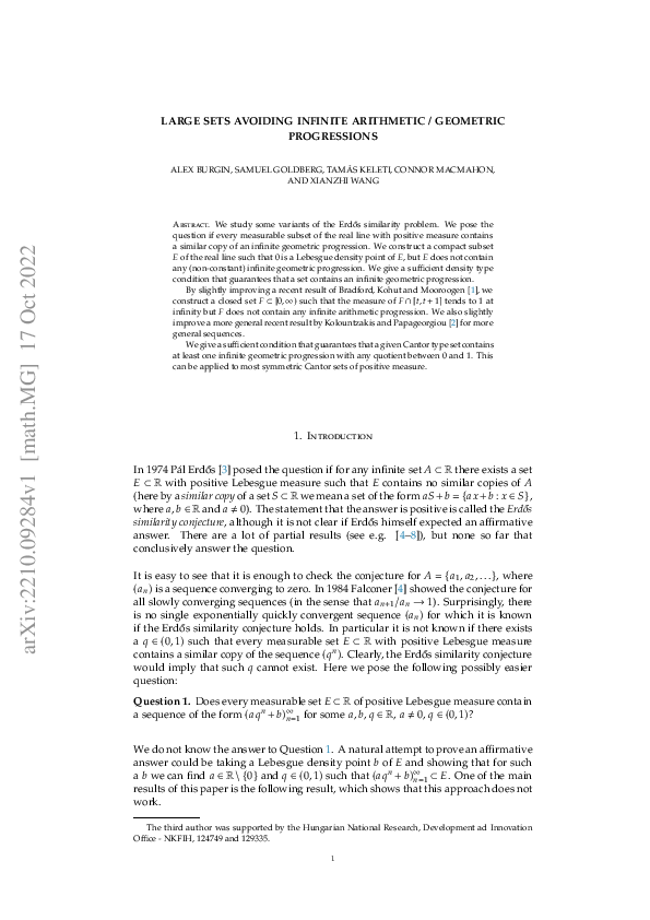 Pdf Large Sets Avoiding Infinite Arithmetic Geometric Progressions