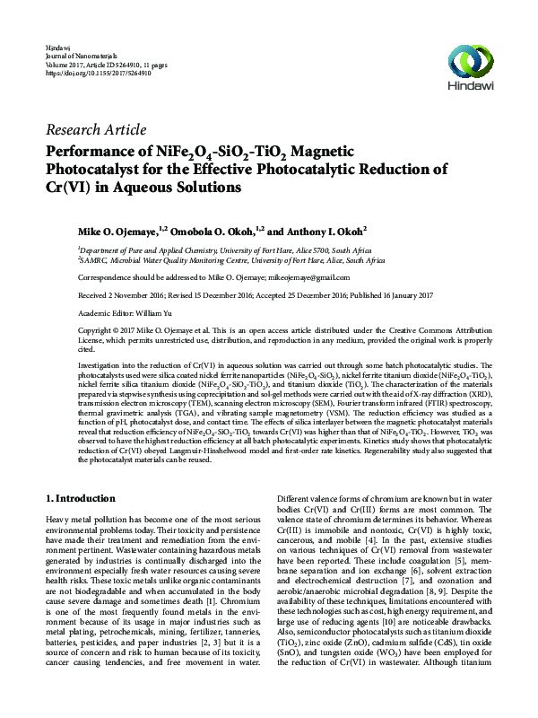 (PDF) Performance of NiFe2O4-SiO2-TiO2 Magnetic Photocatalyst for the ...