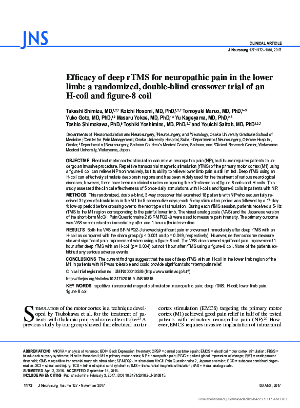 (PDF) Efficacy of deep rTMS for neuropathic pain in the lower limb: a ...