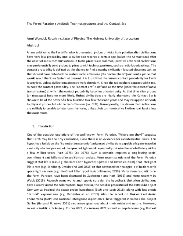 (PDF) The Fermi Paradox revisited: Technosignatures and the Contact Era | Amri Wandel - Academia.edu