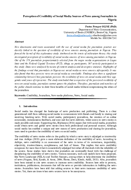 Pdf Perception Of Credibility Of Social Media Sources Of News Among