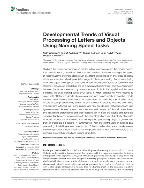 (PDF) Developmental Trends of Visual Processing of Letters and Objects Using Naming Speed Tasks