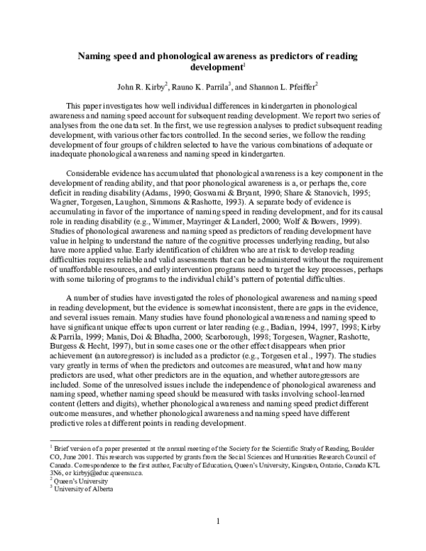 (PDF) Naming speed and phonological awareness as predictors of reading development