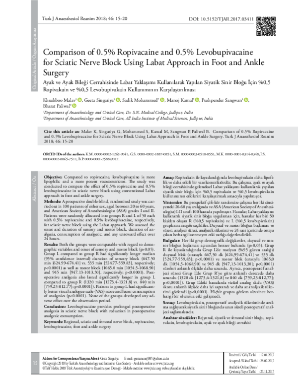 (PDF) Comparison of 0.5% Ropivacaine and 0.5% Levobupivacaine for ...
