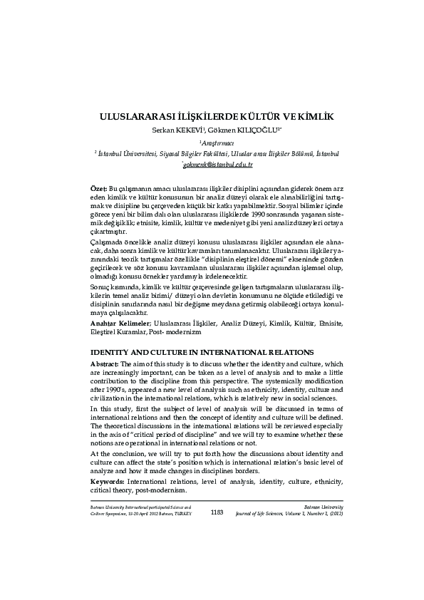 (PDF) Uluslararasi İli̇şki̇lerde Kültür Ve Ki̇mli̇k