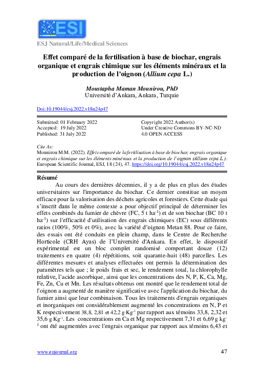 (PDF) Effet comparé de la fertilisation à base de biochar, engrais ...