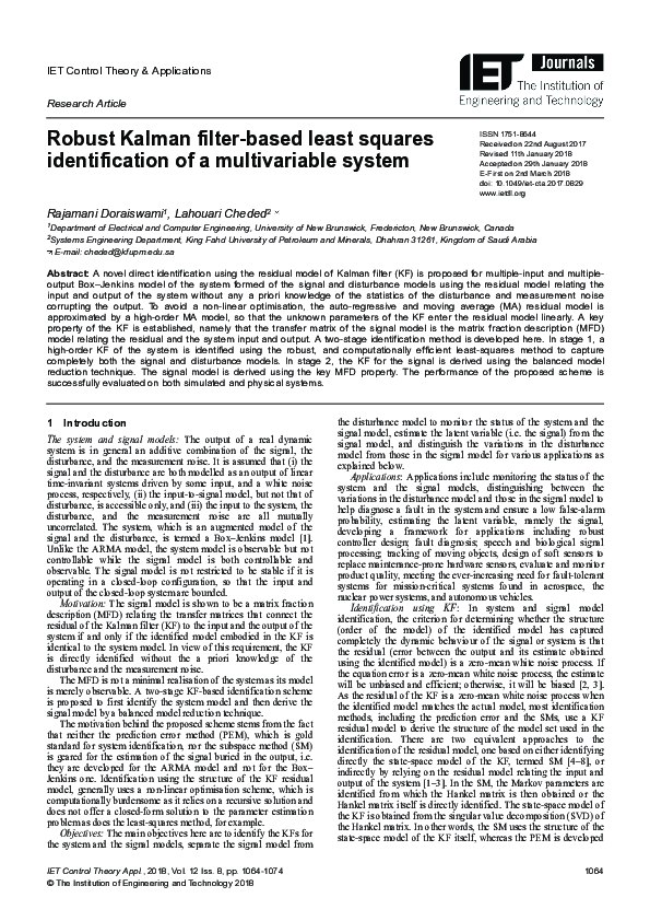 Pdf Robust Kalman Filter‐based Least Squares Identification Of A Multivariable System