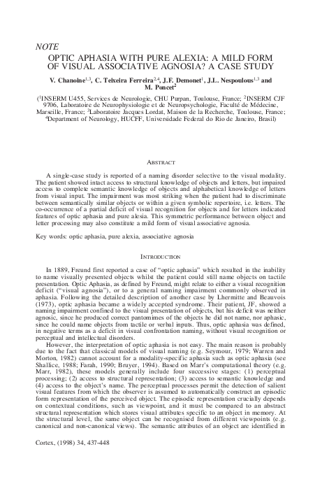 (PDF) Optic Aphasia with Pure Alexia: A Mild Form of Visual Associative ...