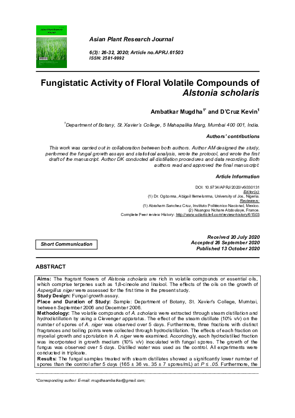 (PDF) Fungistatic Activity of Floral Volatile Compounds of Alstonia ...
