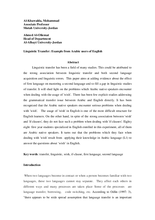 (PDF) Linguistic Transfer: Example from Arabic users of English