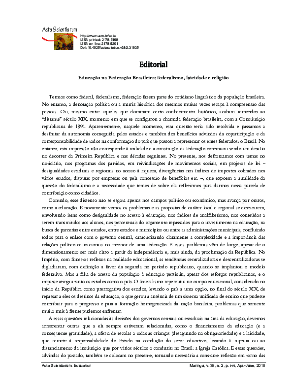 (PDF) Educação na Federação Brasileira: federalismo, laicidade e religião