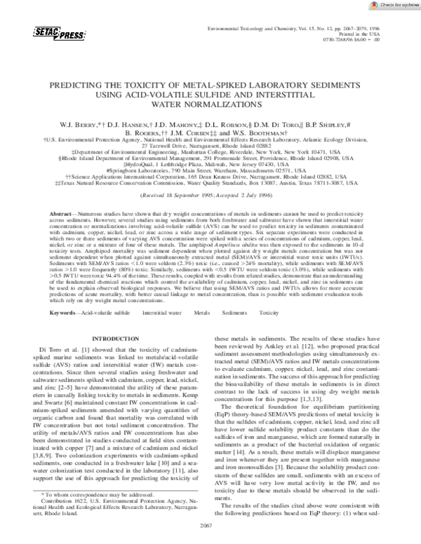 (PDF) Predicting the toxicity of metal-spiked laboratory sediments ...