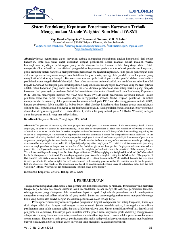 (PDF) Sistem Pendukung Keputusan Penerimaan Karyawan Terbaik Menggunakan Metode Weighted Sum ...