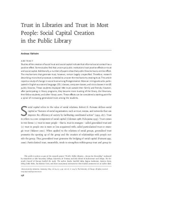 (PDF) Trust in Libraries and Trust in Most People: Social Capital ...
