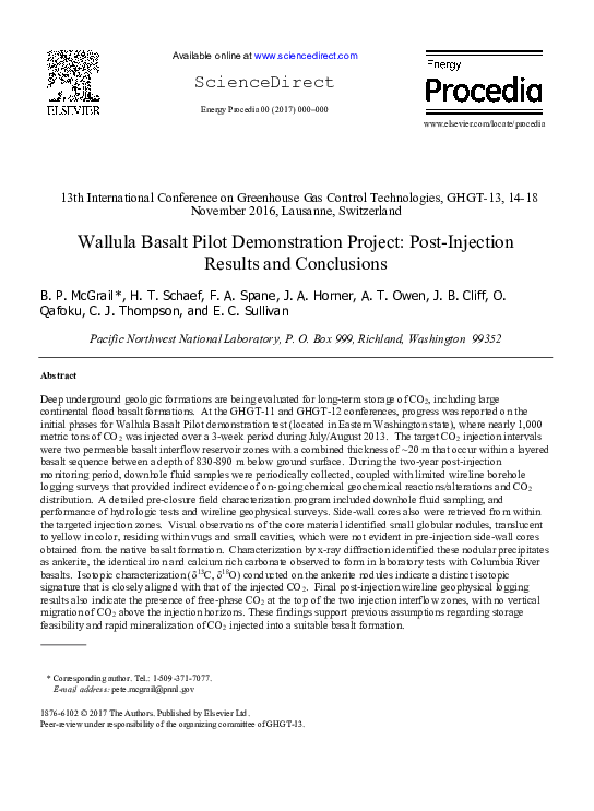 (PDF) Wallula Basalt Pilot Demonstration Project: Post-injection ...