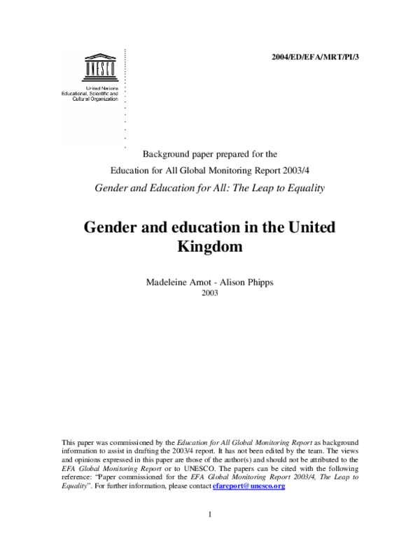 Pdf Gender And Education In The Uk Background Paper For The Unesco