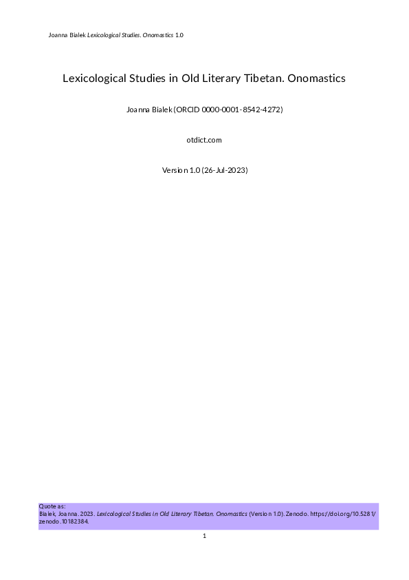 (PDF) Lexicological Studies in Old Literary Tibetan. Onomastics