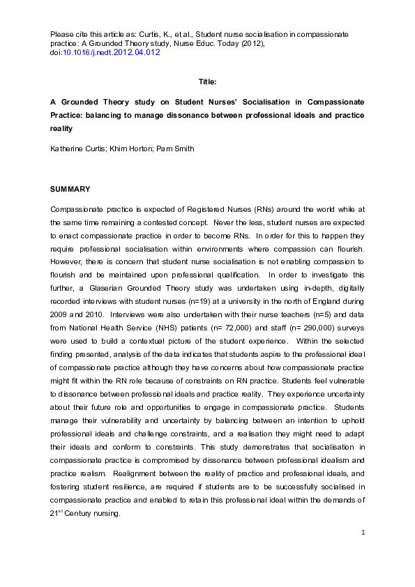 (DOC) Student nurse socialisation in compassionate practice: A Grounded Theory study