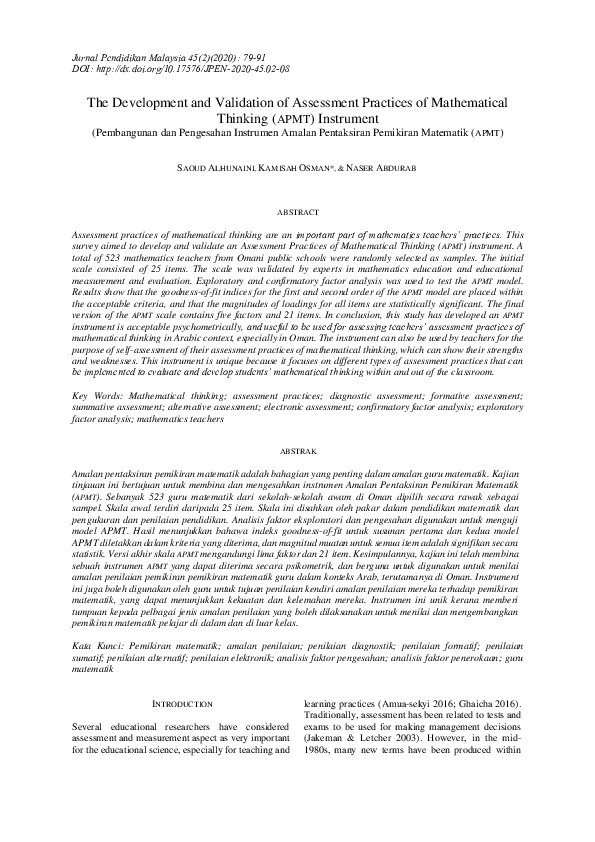 (PDF) The Development and Validation of Assessment Practices of Mathematical Thinking (APMT ...
