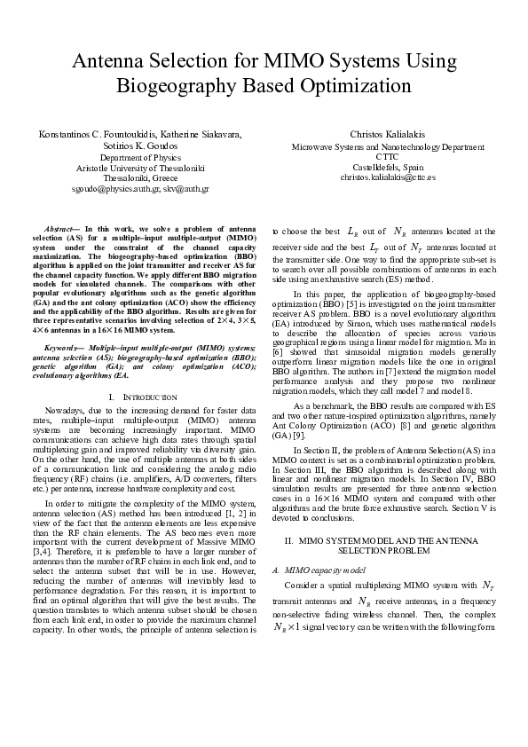 (PDF) Antenna selection for MIMO systems using biogeography based optimization