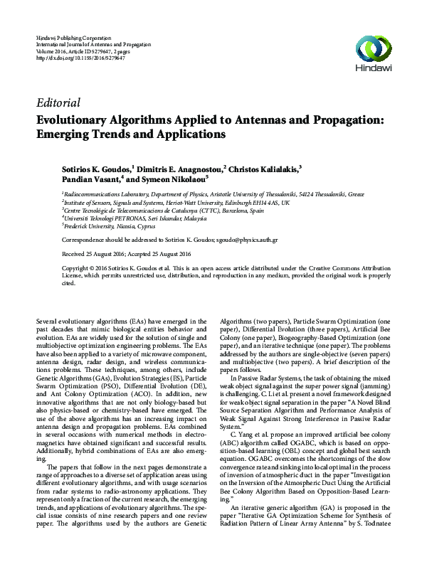 (PDF) Evolutionary Algorithms Applied to Antennas and Propagation: Emerging Trends and Applications