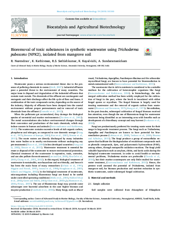(PDF) Bioremoval of toxic substances in synthetic wastewater using ...