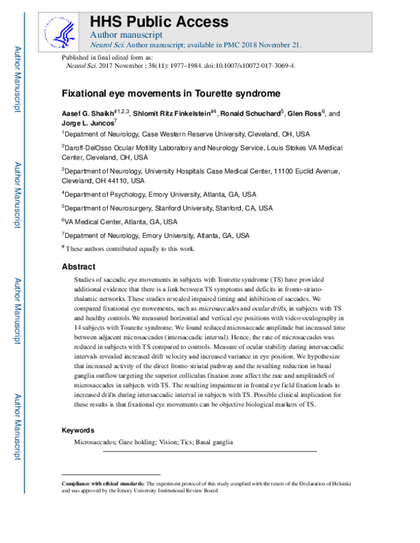 (PDF) Fixational eye movements in Tourette syndrome