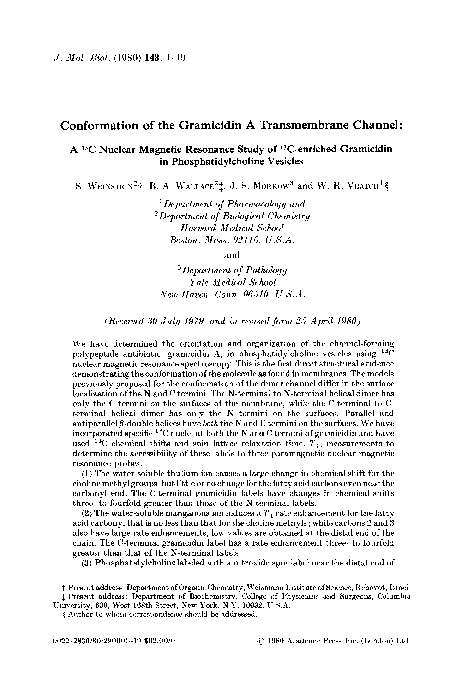 (PDF) Conformation of the gramicidin A transmembrane channel: A 13C nuclear magnetic resonance ...