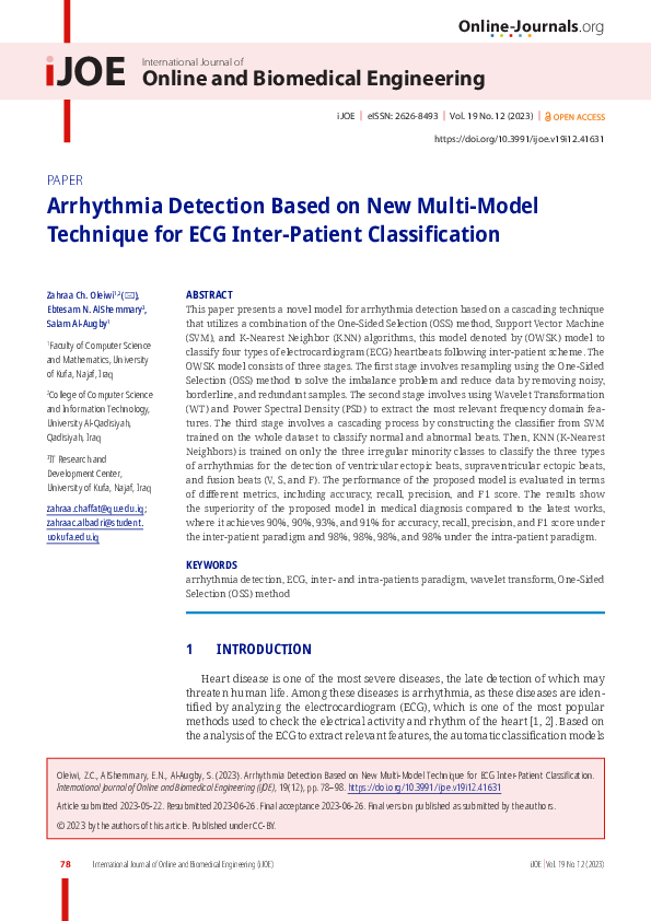 (PDF) Arrhythmia Detection Based on New Multi-Model Technique for ECG Inter-Patient Classification