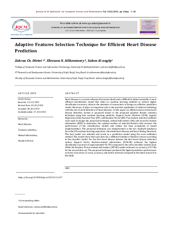 Pdf Adaptive Features Selection Technique For Efficient Heart Disease Prediction