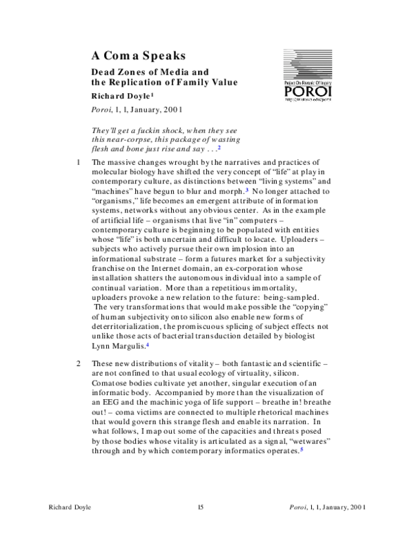 (PDF) A Coma Speaks: Dead Zones of Media and the Replication of Family ...