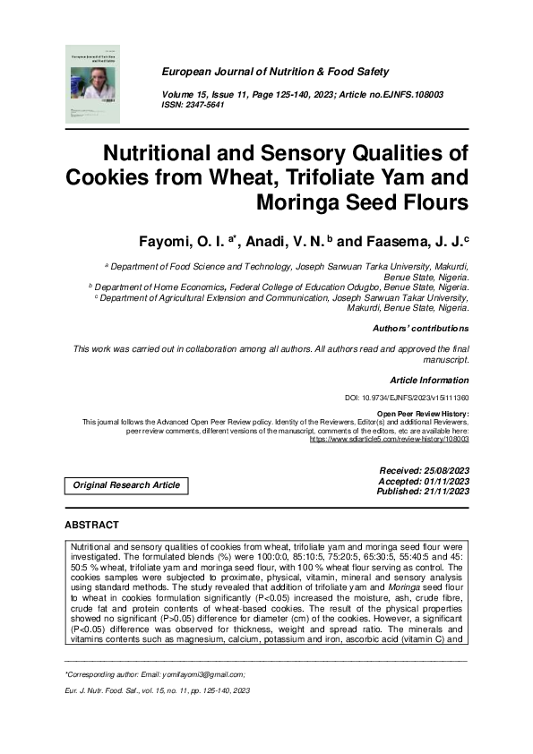 (PDF) Nutritional and Sensory Qualities of Cookies from Wheat, Trifoliate Yam and Moringa Seed ...