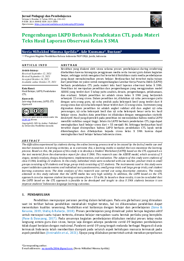 (PDF) Pengembangan LKPD Berbasis Pendekatan CTL pada Materi Teks Hasil Laporan Observasi Kelas X SMA