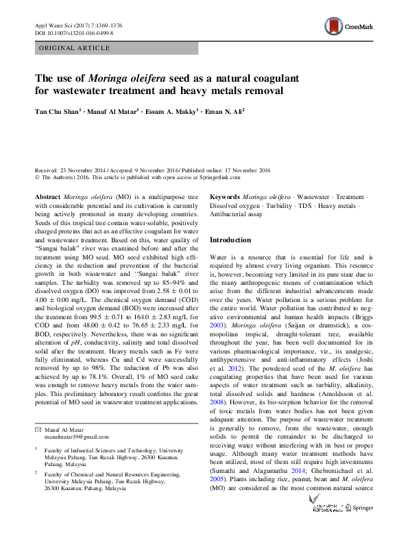 (PDF) The use of Moringa oleifera seed as a natural coagulant for wastewater treatment and heavy ...