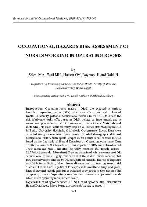 (PDF) Occupational Hazards Risk Assessment of Nurses Working in Operating Roms